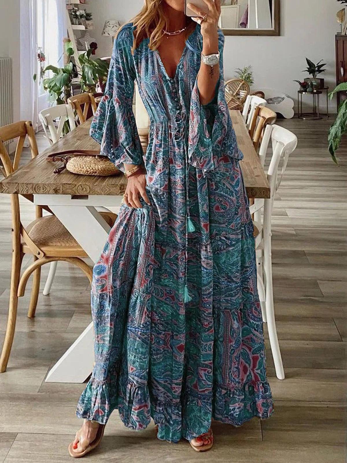 Boho Chic Ruffle Hem Bell Sleeve Maxi Dress – Marli Cape Town